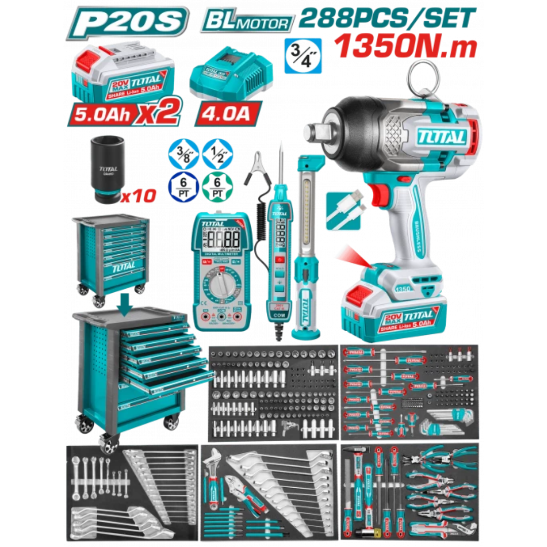 TOTAL 20v Combo I/wrench 1350nm Tool Trolley 288PC – THPTCS82882 ...