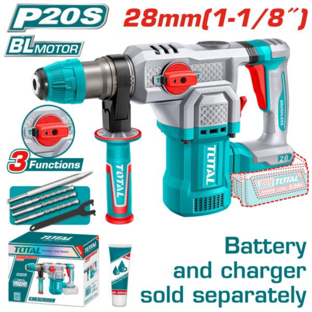 TOTAL 20V Rotary Hammer 28mm SOLO – TRHLI20286 – Wheelquip Tools