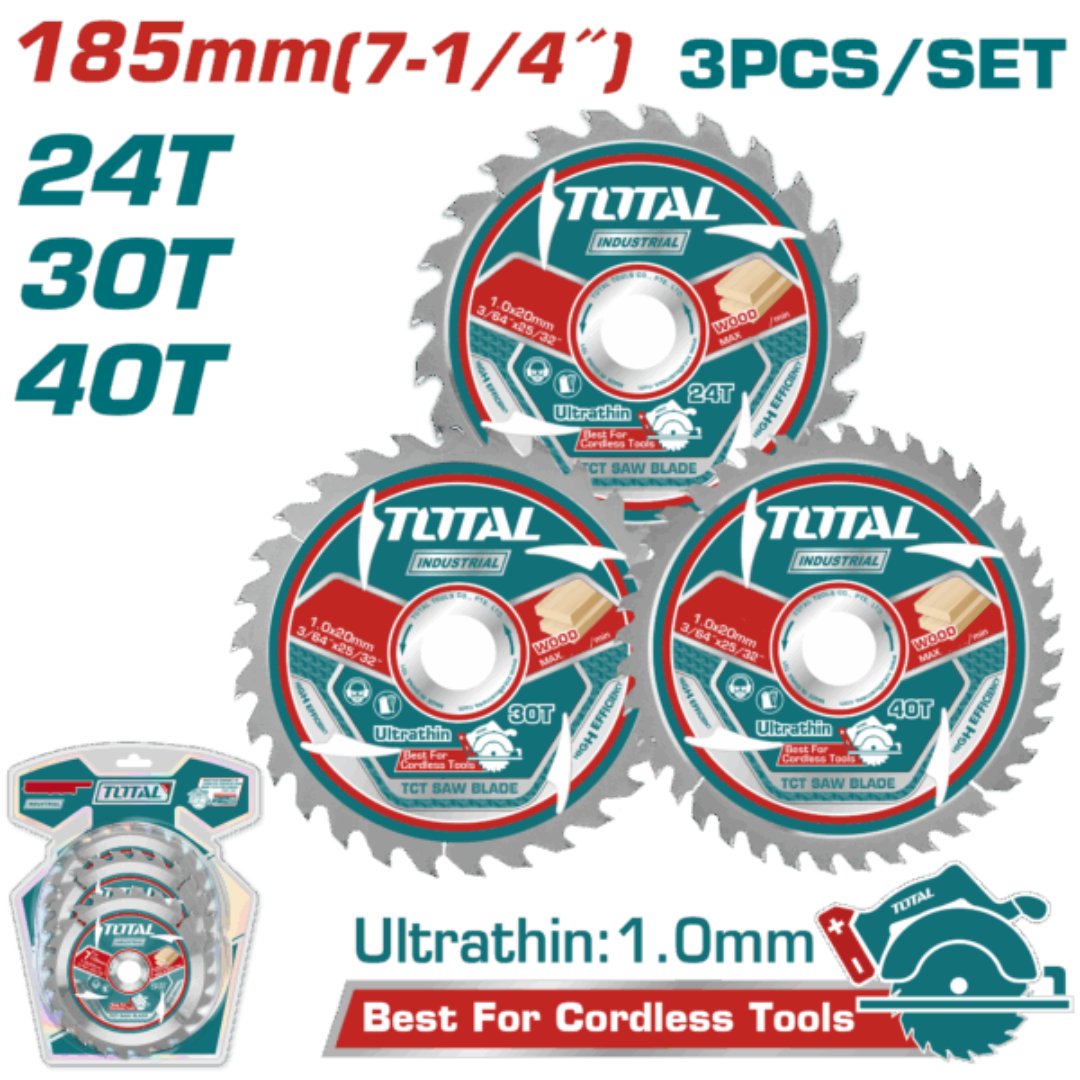 Total Circular Saw Blade 185mm 24T/30T/40T 3PC Set – TAC236185 (SP ...